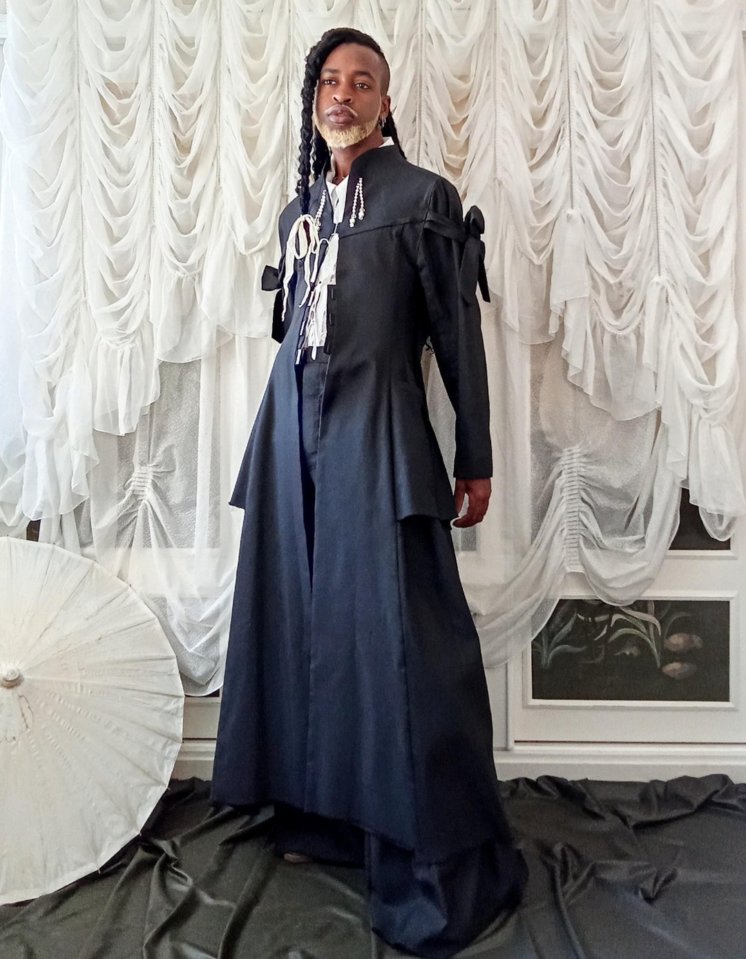 Gothic Trench Coat Black Linen Coat Vampire Duster Punk Jacket Long ...