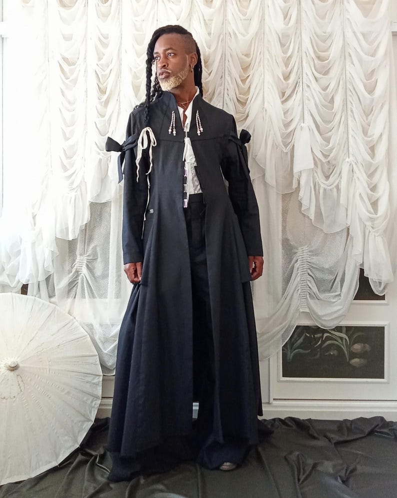 Gothic Trench Coat Black Linen Coat Vampire Duster Punk Jacket Long ...