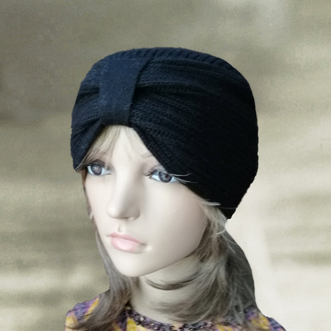 Black Turban Hat, Knit Wool Turban, Knitted Wool Hats, Hat Turban Style ...