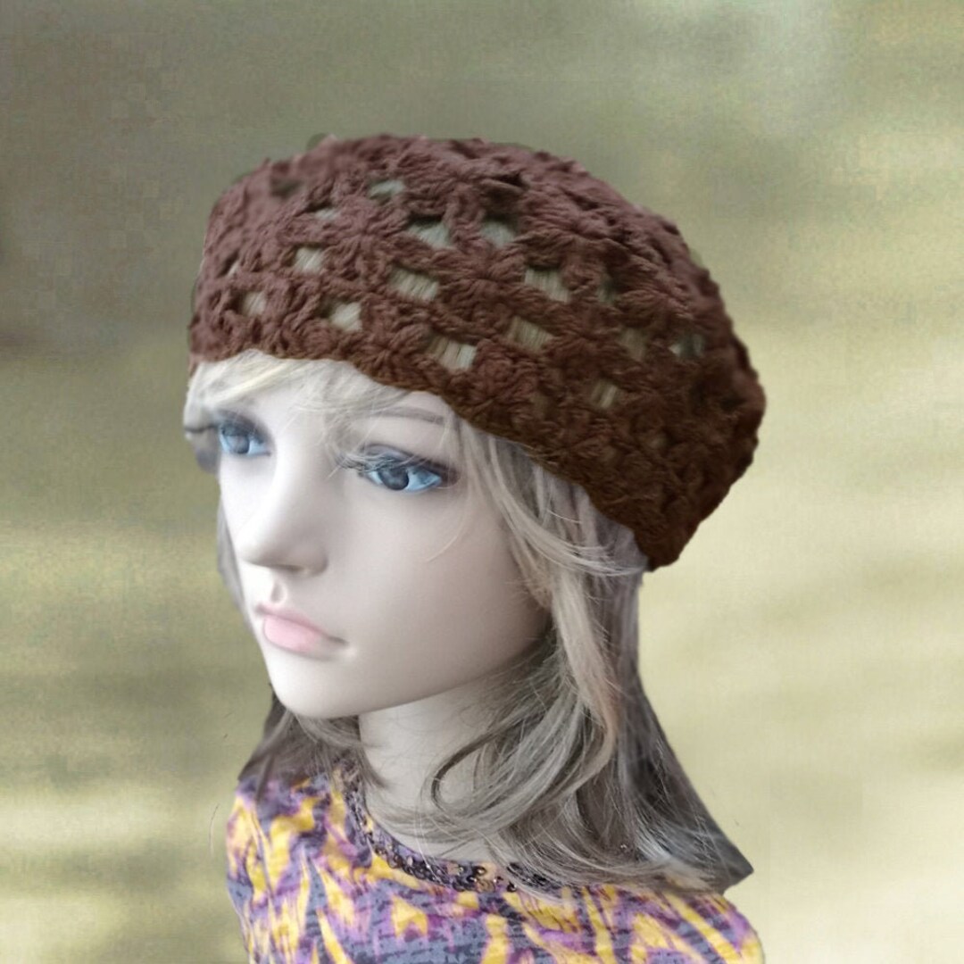 Summer Lace Knit Beret: Brown Cotton Beanie - Etsy