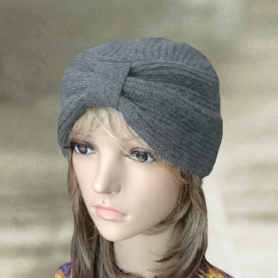 Gray Turban Hat, Knit Turban Beanie, Womens Knit Turban, Knit Hat for ...
