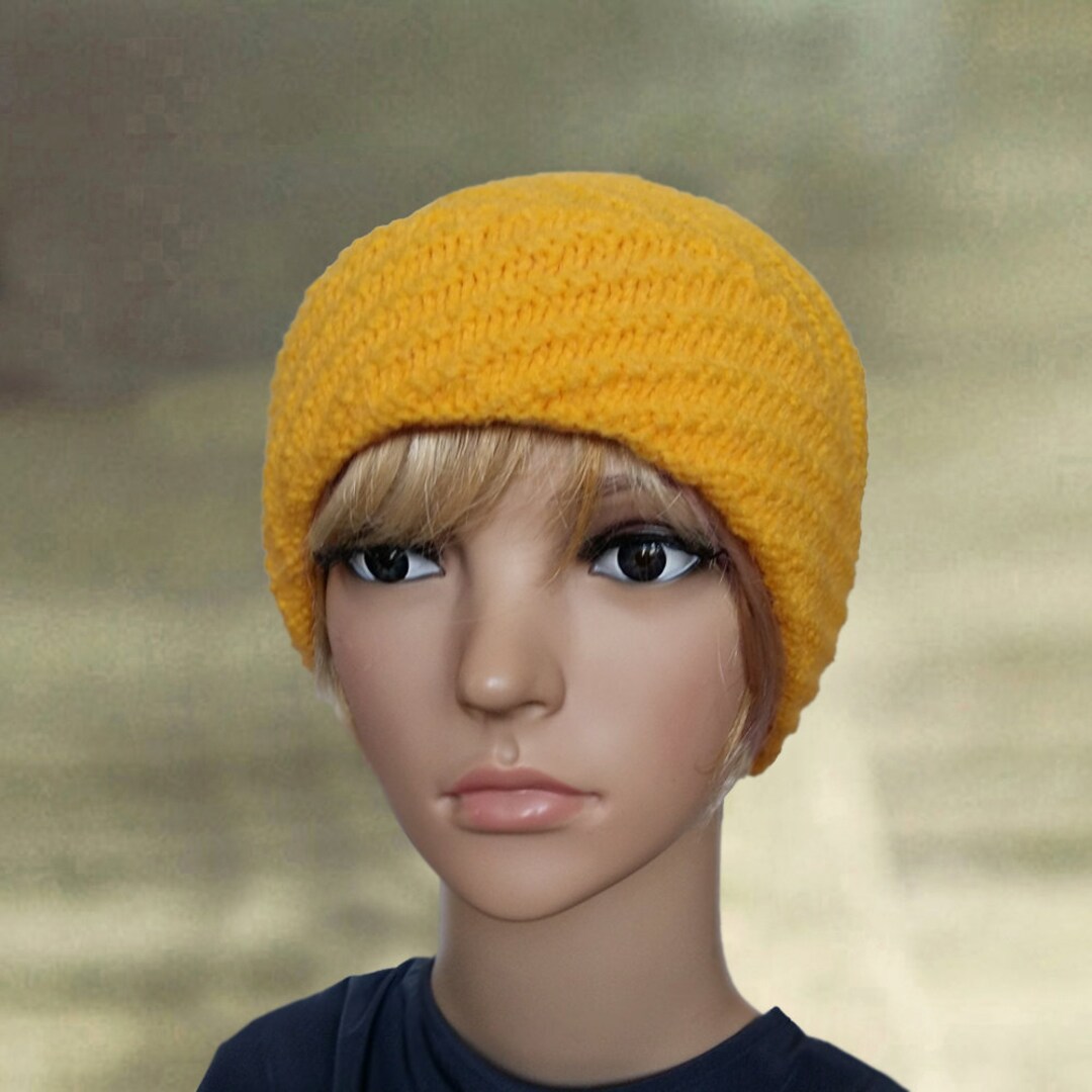 Gorro de punto amarillo: gorro de invierno con puños de mezcla de lana ...