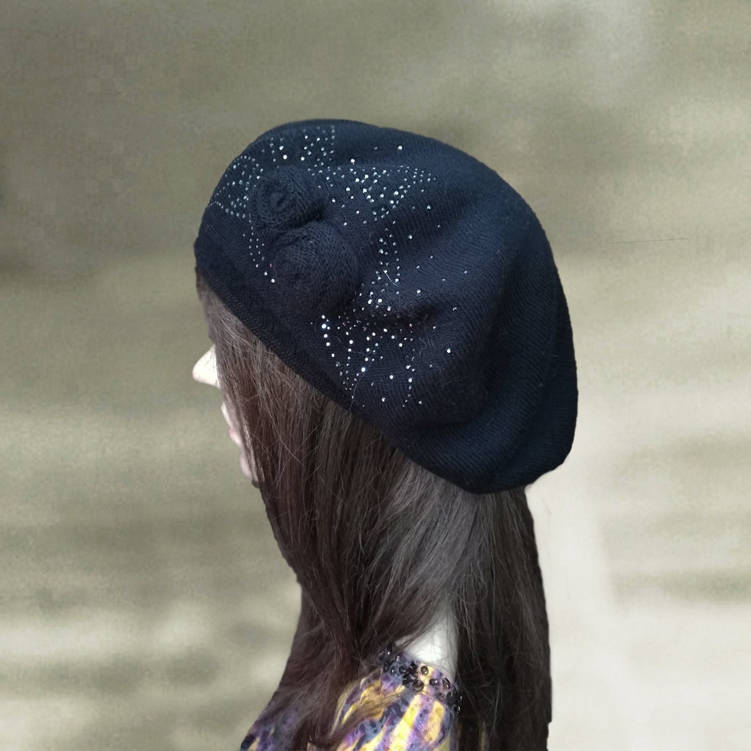 Knit Slouchy Beret: Black Wool Winter Hat - Etsy