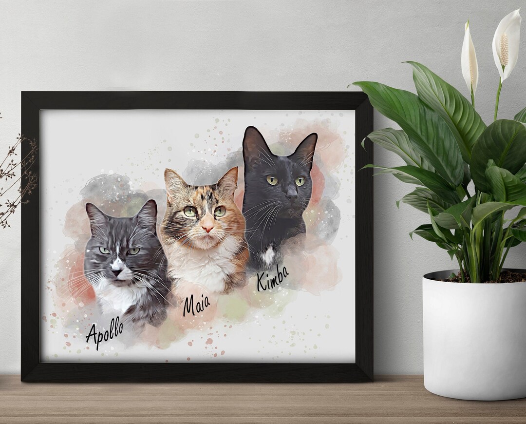 3 Pets Potrait, Custom Pet Portrait, Multiple Cats, Multiple Dogs ...