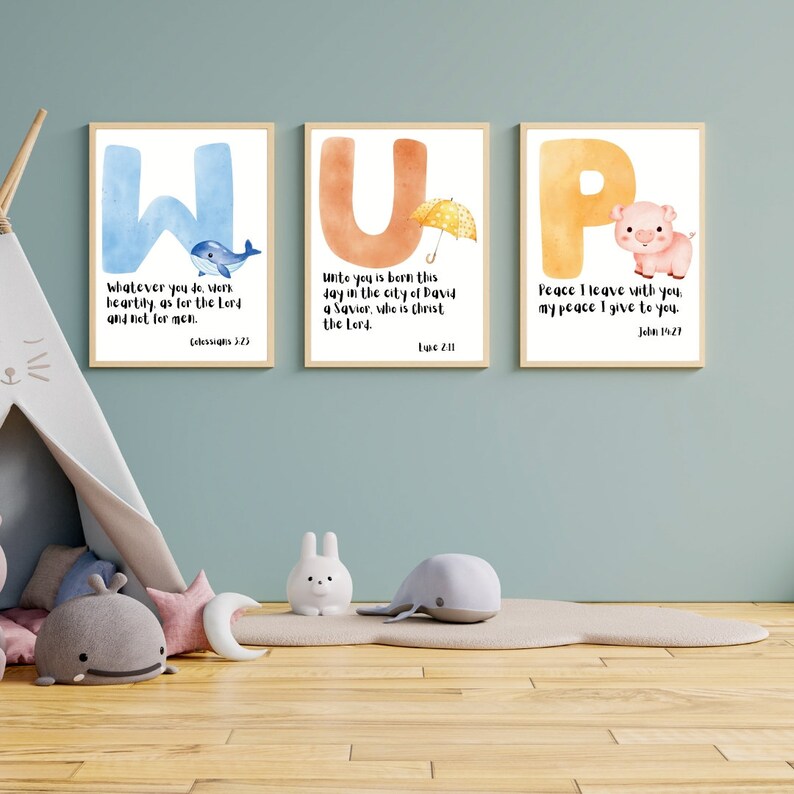 Nursery Alphabet Wall Art, Bible Watercolor Nursery Art, Bible Verse ...
