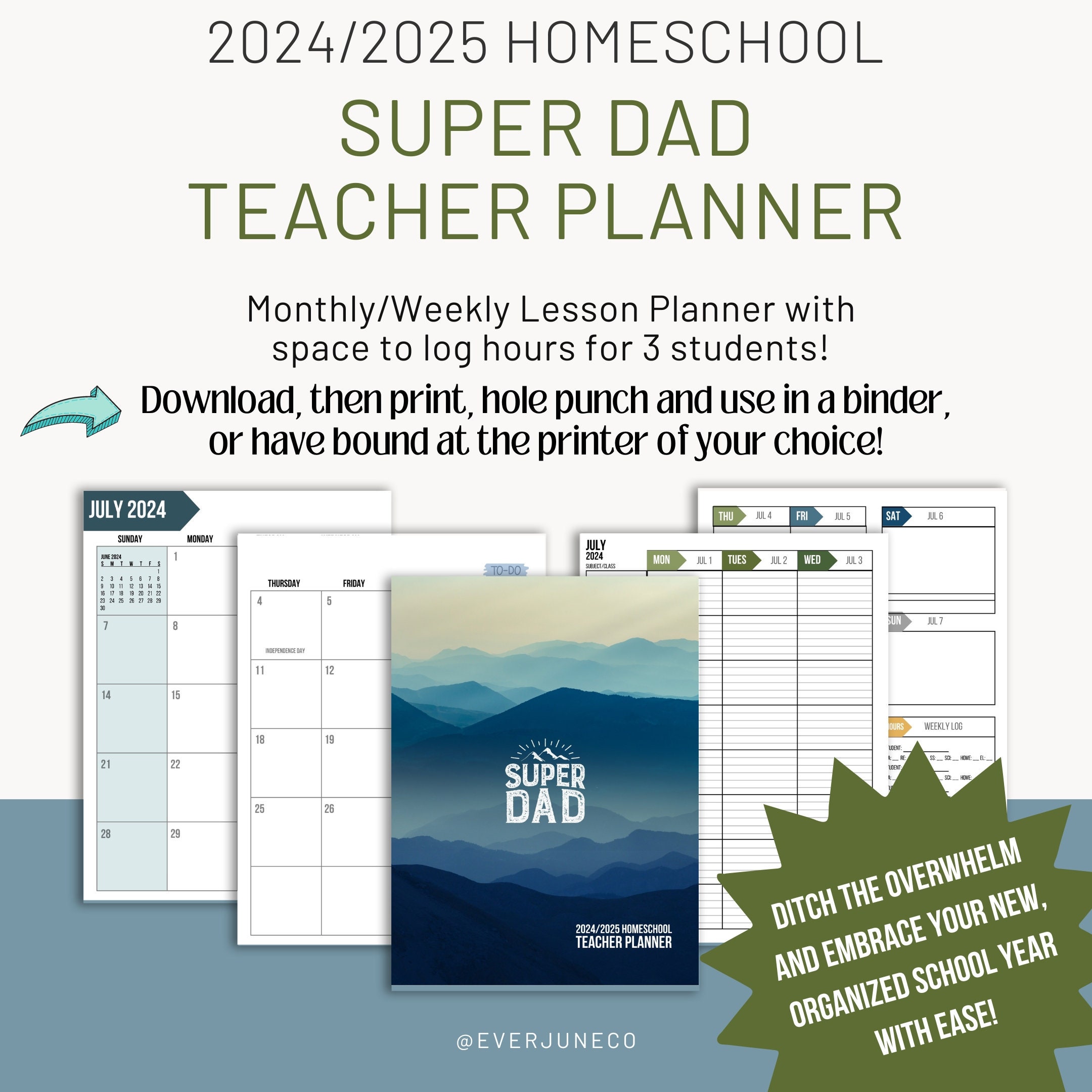 PRINTABLE Super Dad July - June Mountain Homeschool Planner 2024/2025 ...