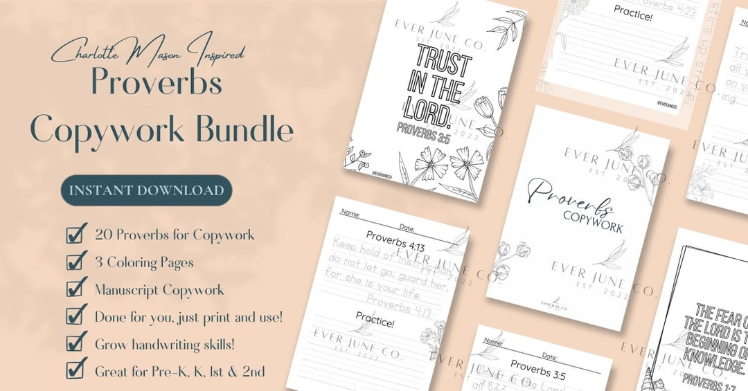 Proverbs Copywork, 1st Grade, 2nd Grade, Pre-k/kinder, Homeschool Copywork, CM Inspired, Bible ...
