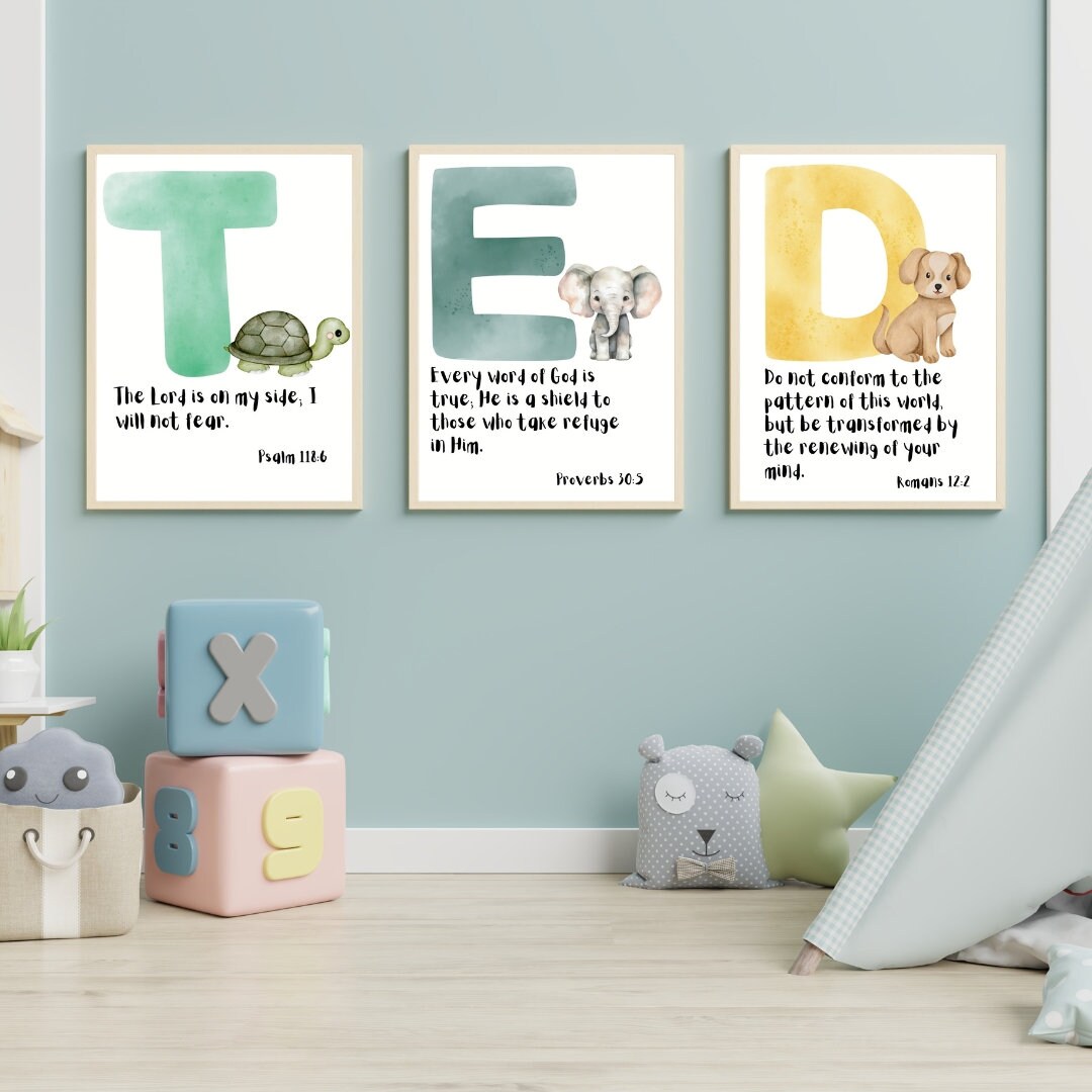 Nursery Alphabet Wall Art, Bible Verse, Watercolor Nursery Art, Bible ...