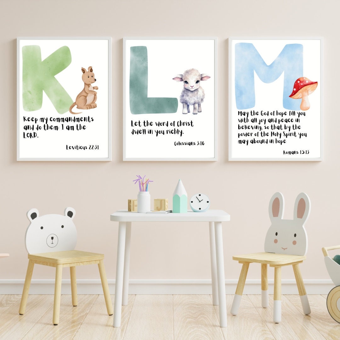 Nursery Alphabet Wall Art, Bible Verse, Watercolor Nursery Art, Bible ...