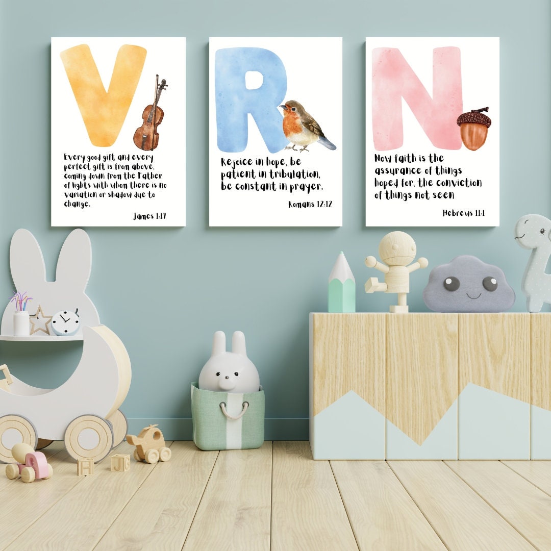Nursery Alphabet Wall Art, Bible Verse, Watercolor Nursery Art, Bible ...