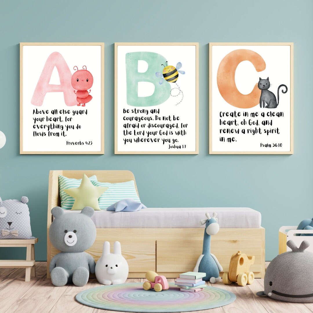 Nursery Alphabet Wall Art, Bible Verse, Watercolor Nursery Art, Bible ...
