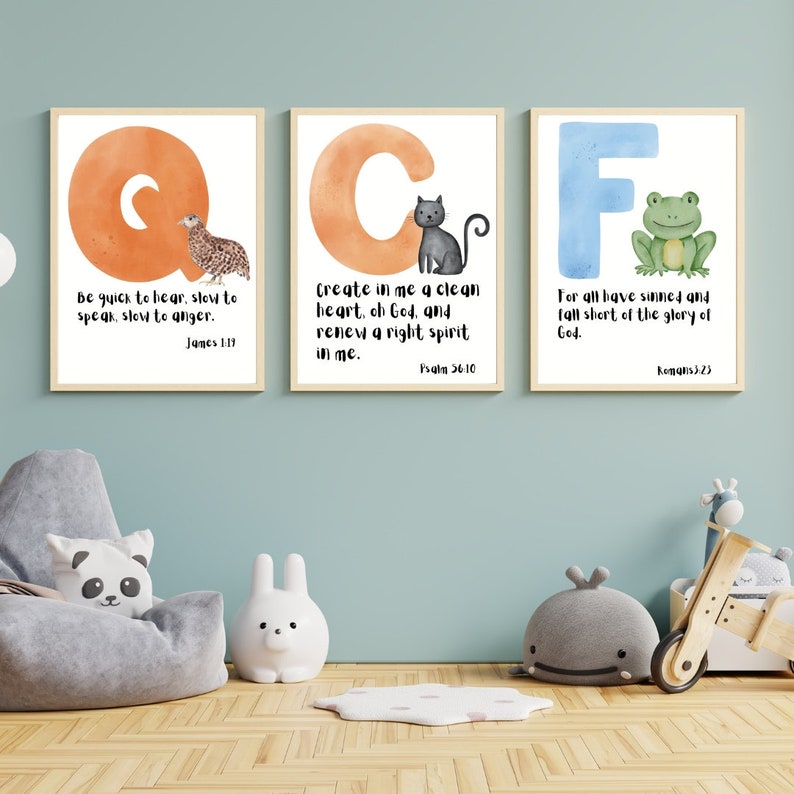 Nursery Alphabet Wall Art, Bible Watercolor Nursery Art, Bible Verse ...