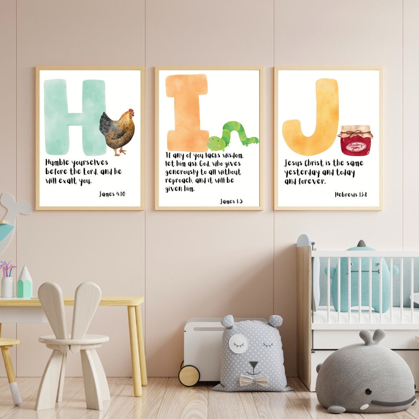 Nursery Alphabet Wall Art, Bible Watercolor Nursery Art, Bible Verse ...