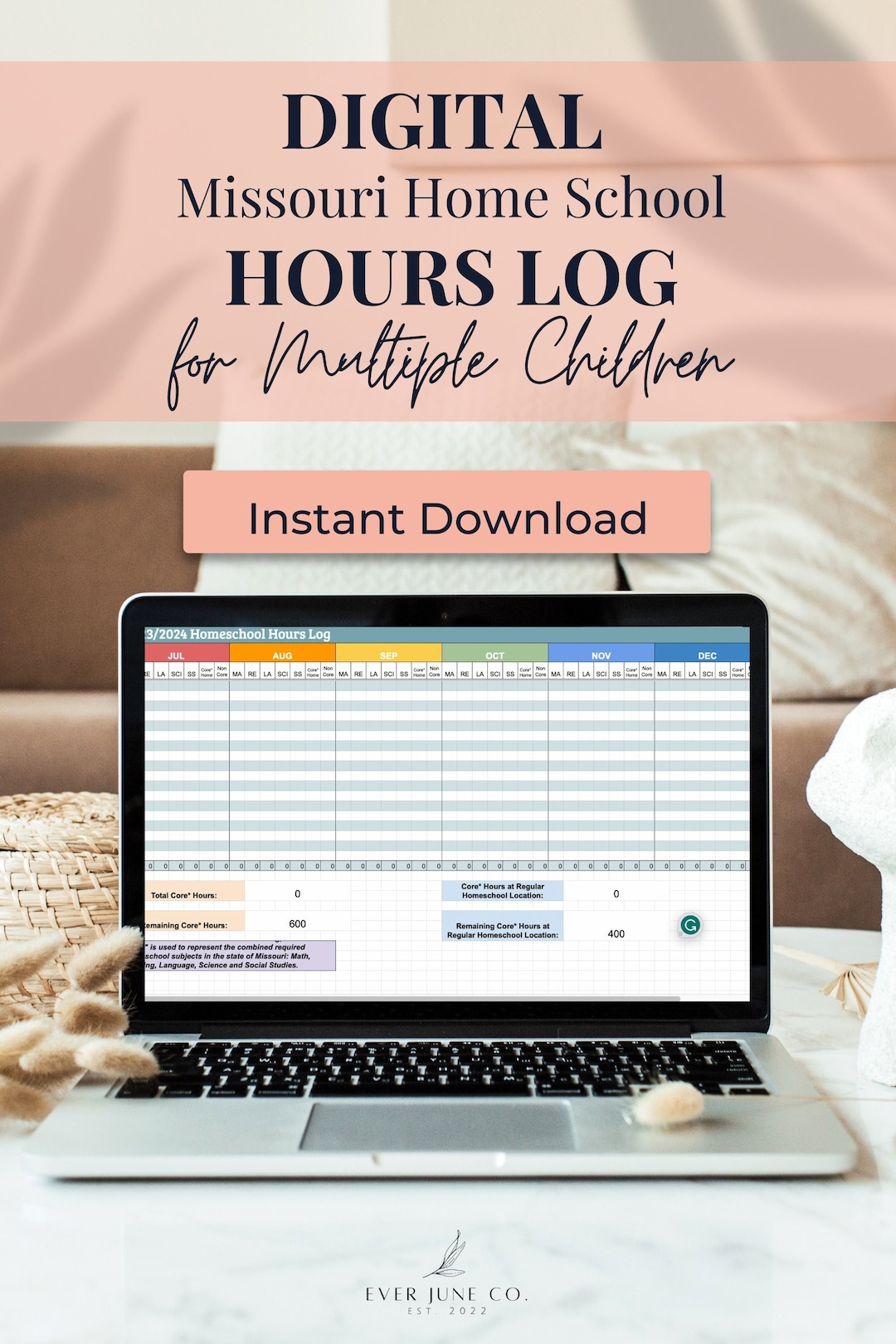 MISSOURI DIGITAL Homeschool Hours Log for Multiple Students, 2025/2026 ...