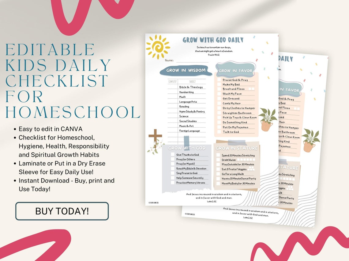 Kids Daily Homeschool Checklist Schedule Canva Template, Editable Chore ...