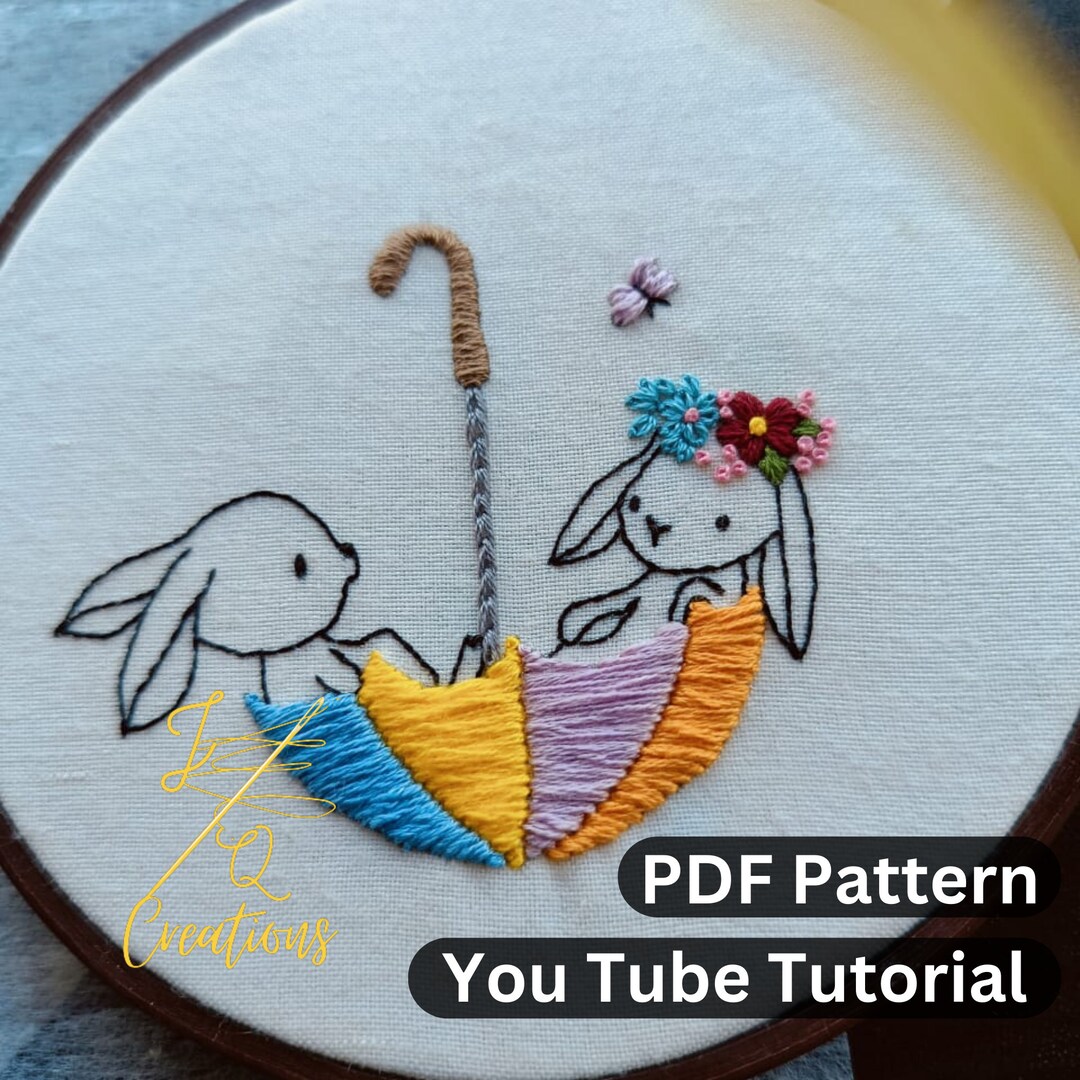 Cute Easter Hand Embroidery Pattern Bunnies in the Umbrella With Photo ...