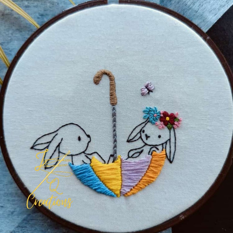 Cute Easter Hand Embroidery Pattern Bunnies in the Umbrella With Photo ...