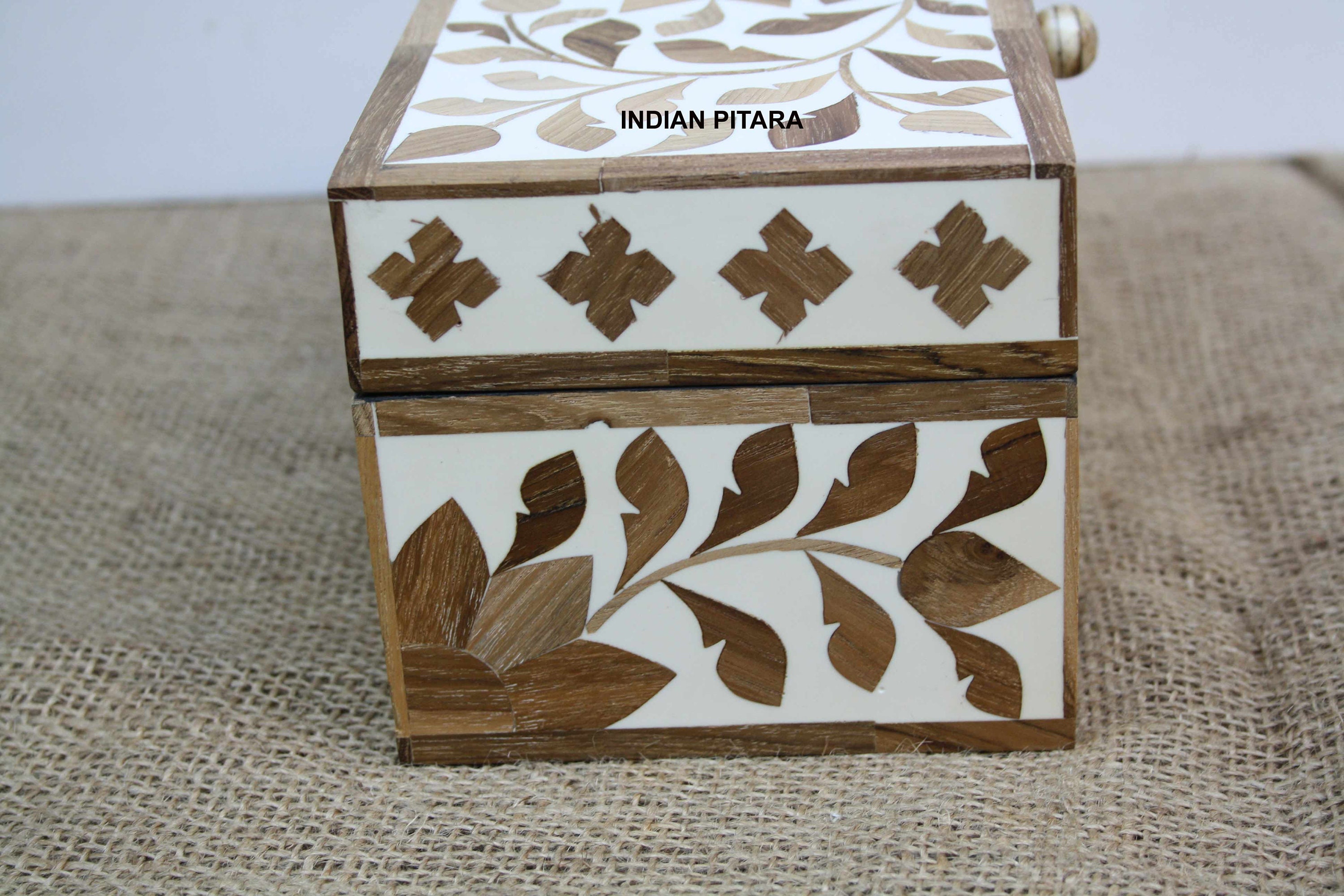 Wood Inlay box in wood floral box table decor white and brown | Etsy
