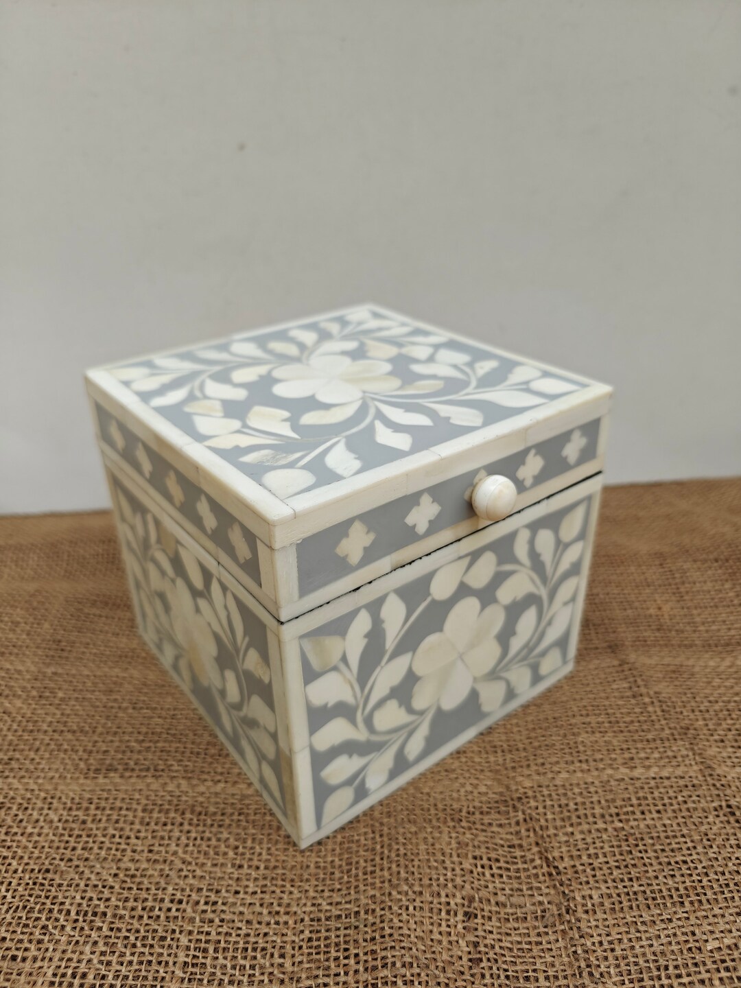Bone Inlay Box in Wood Floral Box Table Decor Navy Color Box Handmade ...