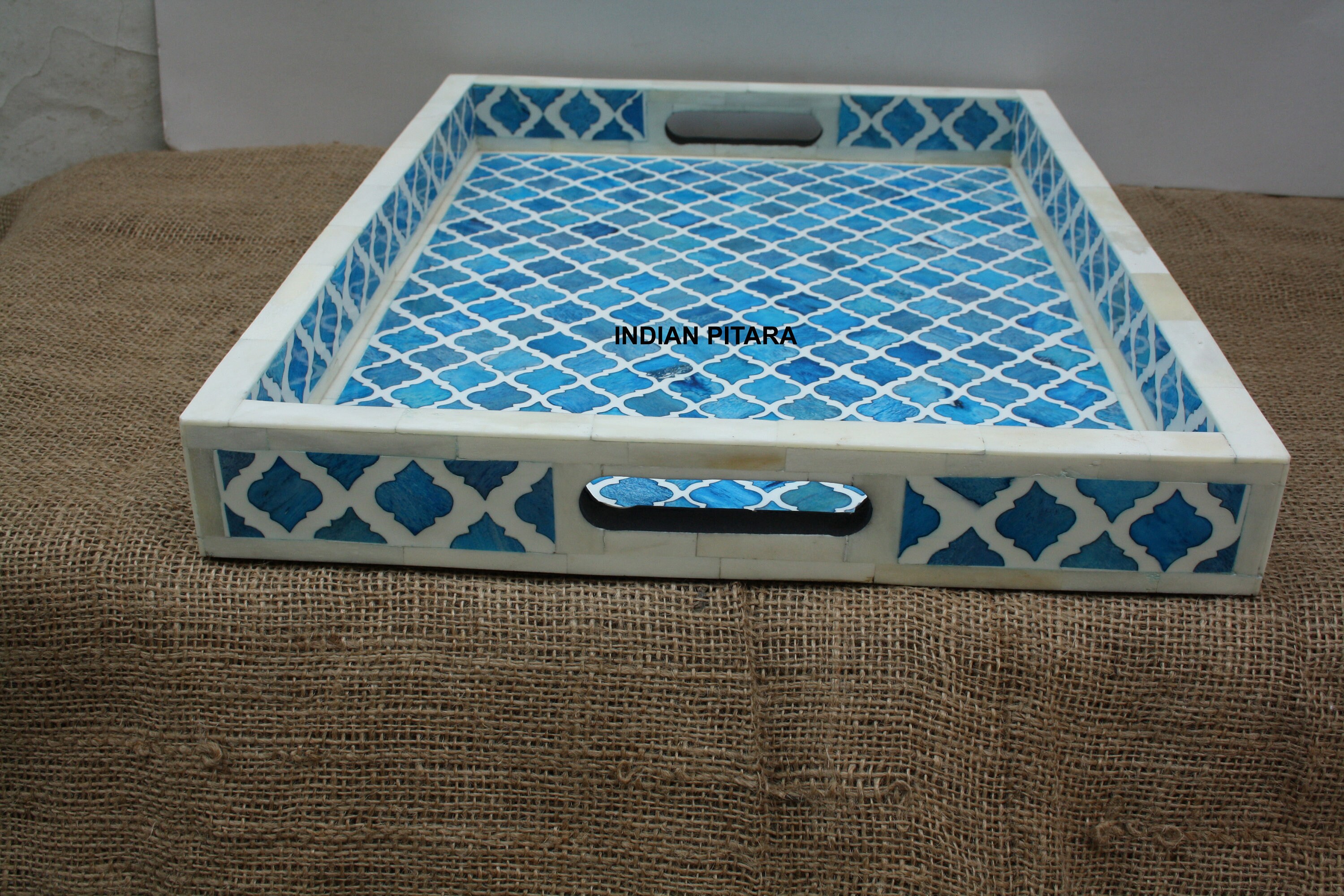 Bone Inlay tray in wood floral tray table decor blue color | Etsy