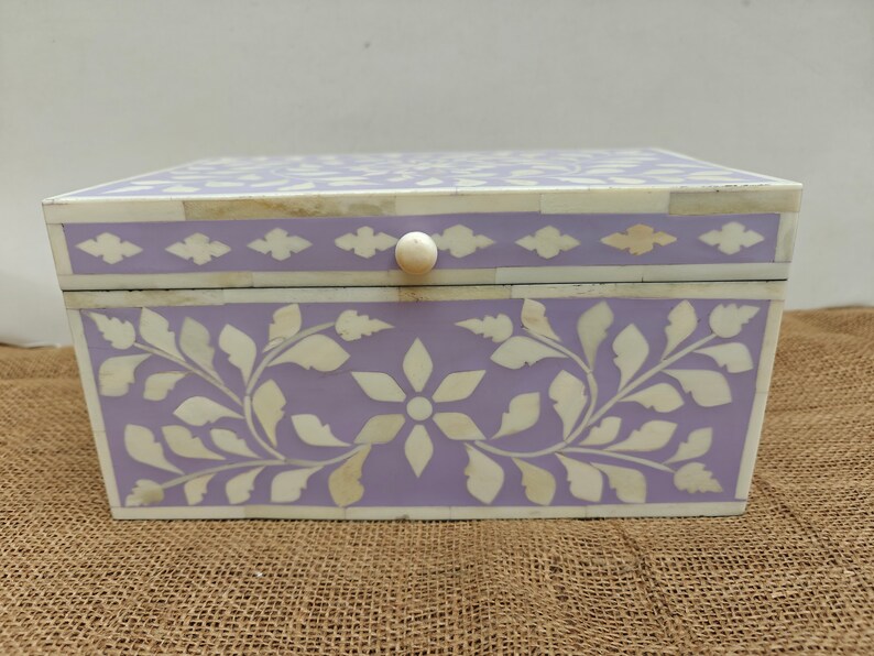 Handmade Bone Inlay Box: Floral Wood, Navy Decor - Etsy
