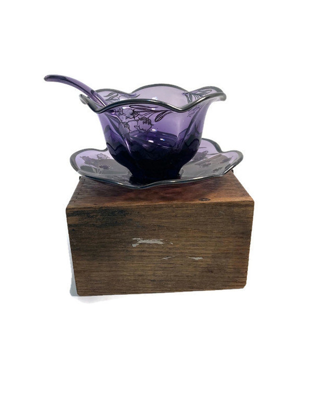 Purple Glass Condiment Serving Bowl Plate and Spoon Silver Trim Floral ...