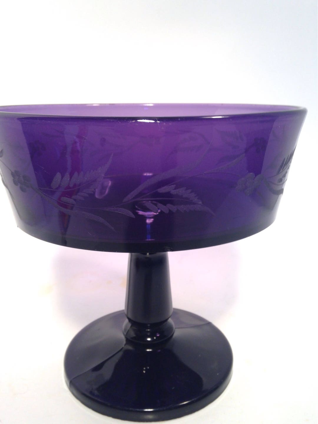 Purple Glass Compote Candy Dish Pedestal Bowl Purple Amethyst Etched ...