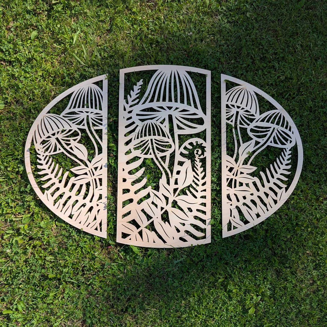 Set of 3 Mushroom Wall Decor / Ferns and Mushroom Wall Art / Wooden ...