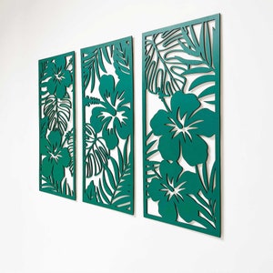 Set of 3 Hibiscus Flowers Wall Decor, Large Tropical Leaves Wooden Wall ...