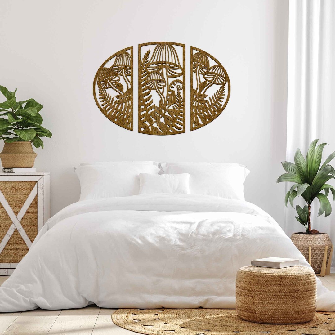 Set of 3 Mushroom Wall Decor / Ferns and Mushroom Wall Art / Wooden ...