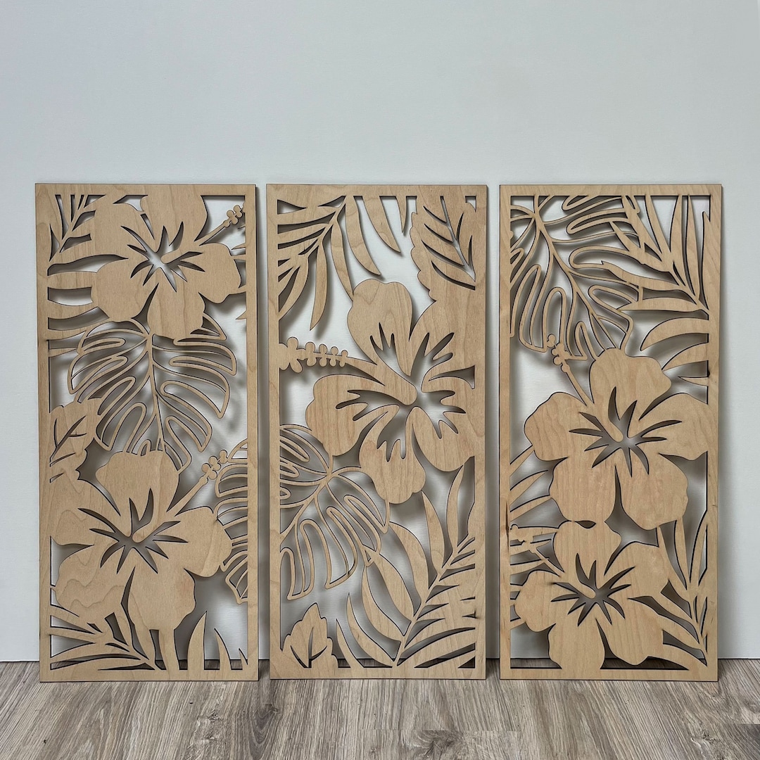 Set of 3 Hibiscus Flowers Wall Decor, Large Tropical Leaves Wooden Wall ...