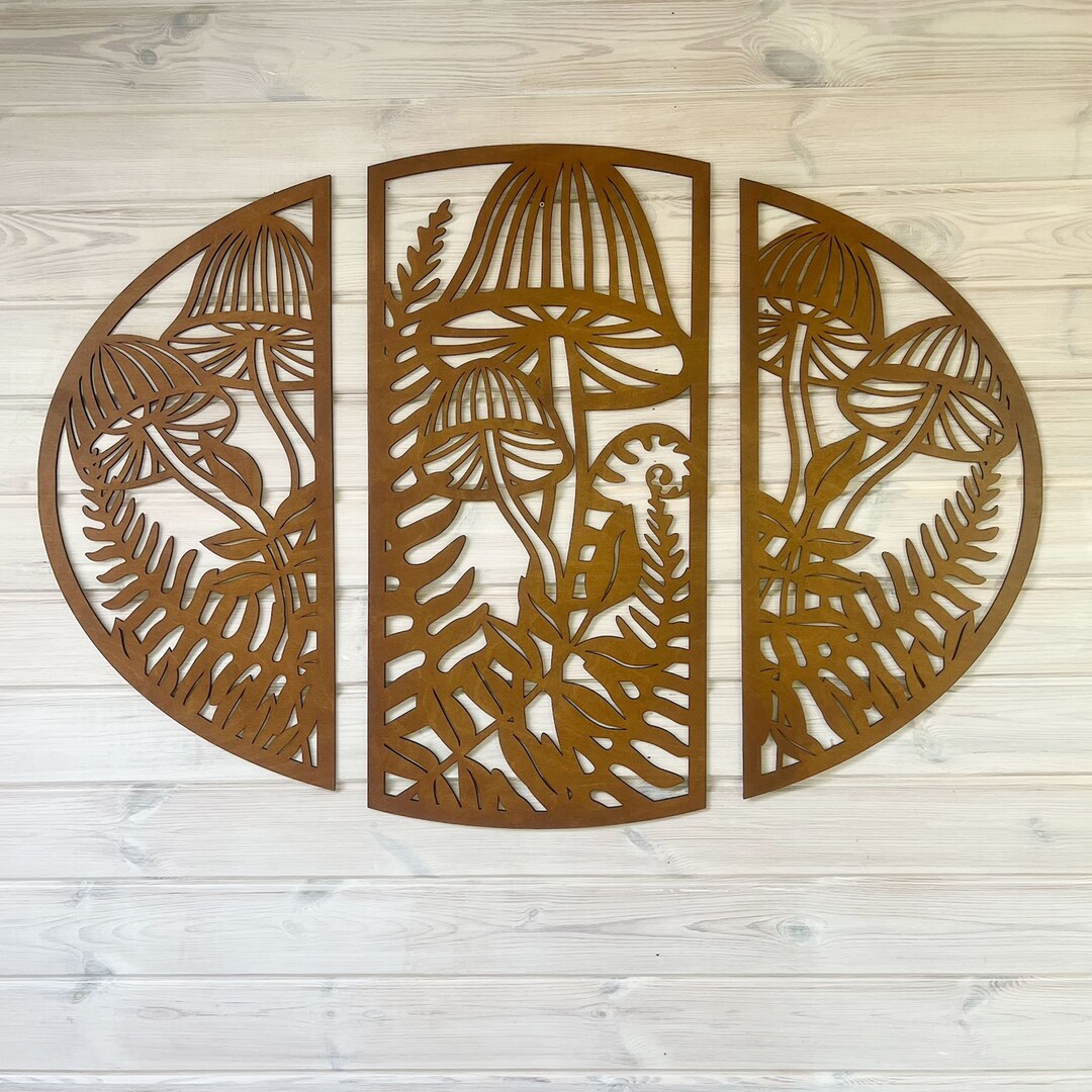 Set of 3 Mushroom Wall Decor / Ferns and Mushroom Wall Art / Wooden ...