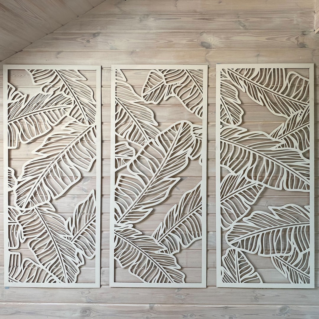 Set of 3 Panels With Tropical Leaves/wooden Wall Decor/ Banana Leaves ...