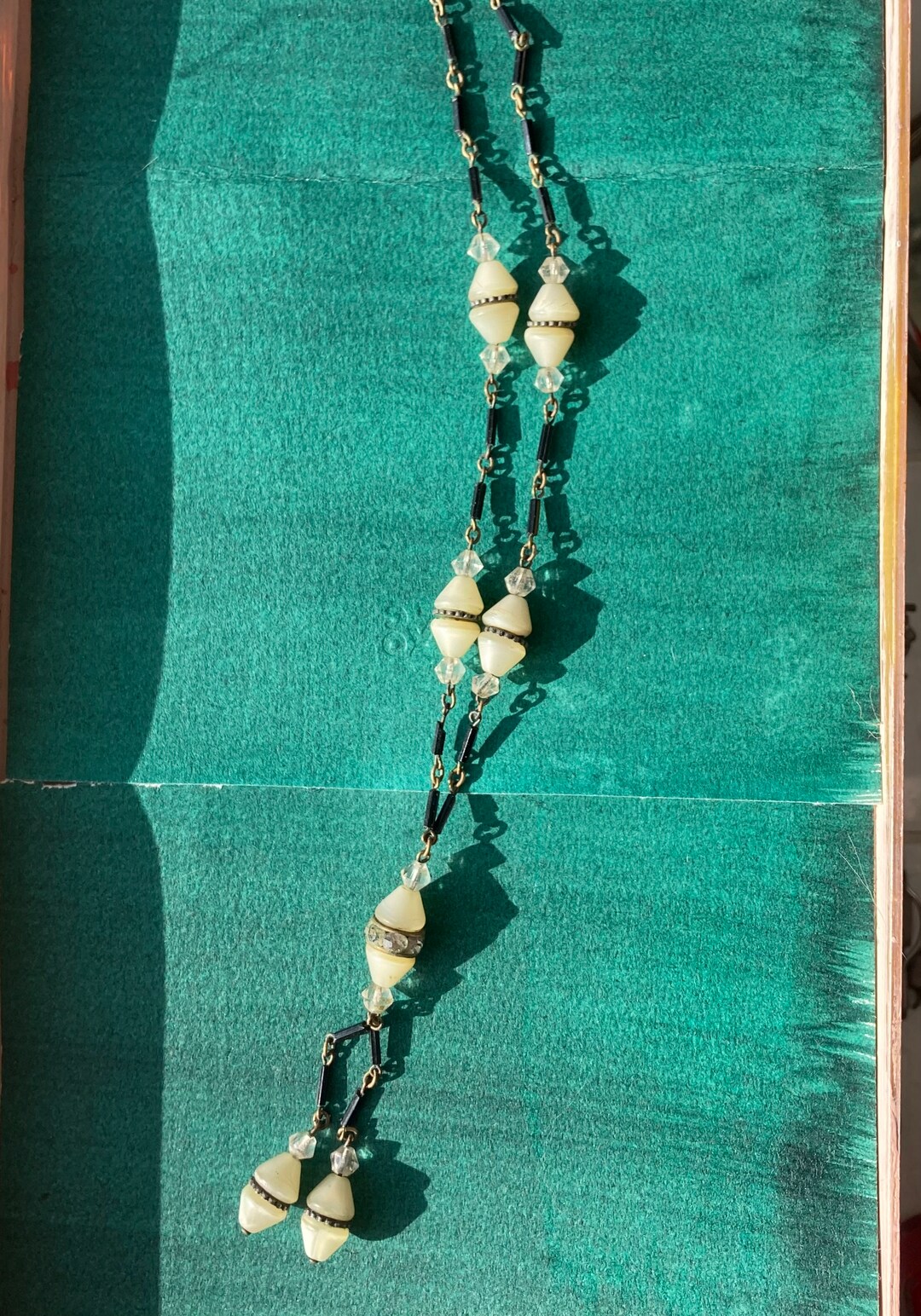 Vintage Art Deco Moderne Flapper Necklace Stepped Clasp Satin Glass ...