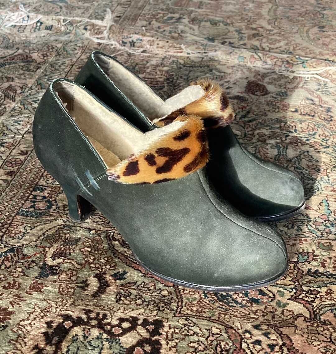 Vintage 1930s Leopard Print Shearling Black Suede Booties - Etsy
