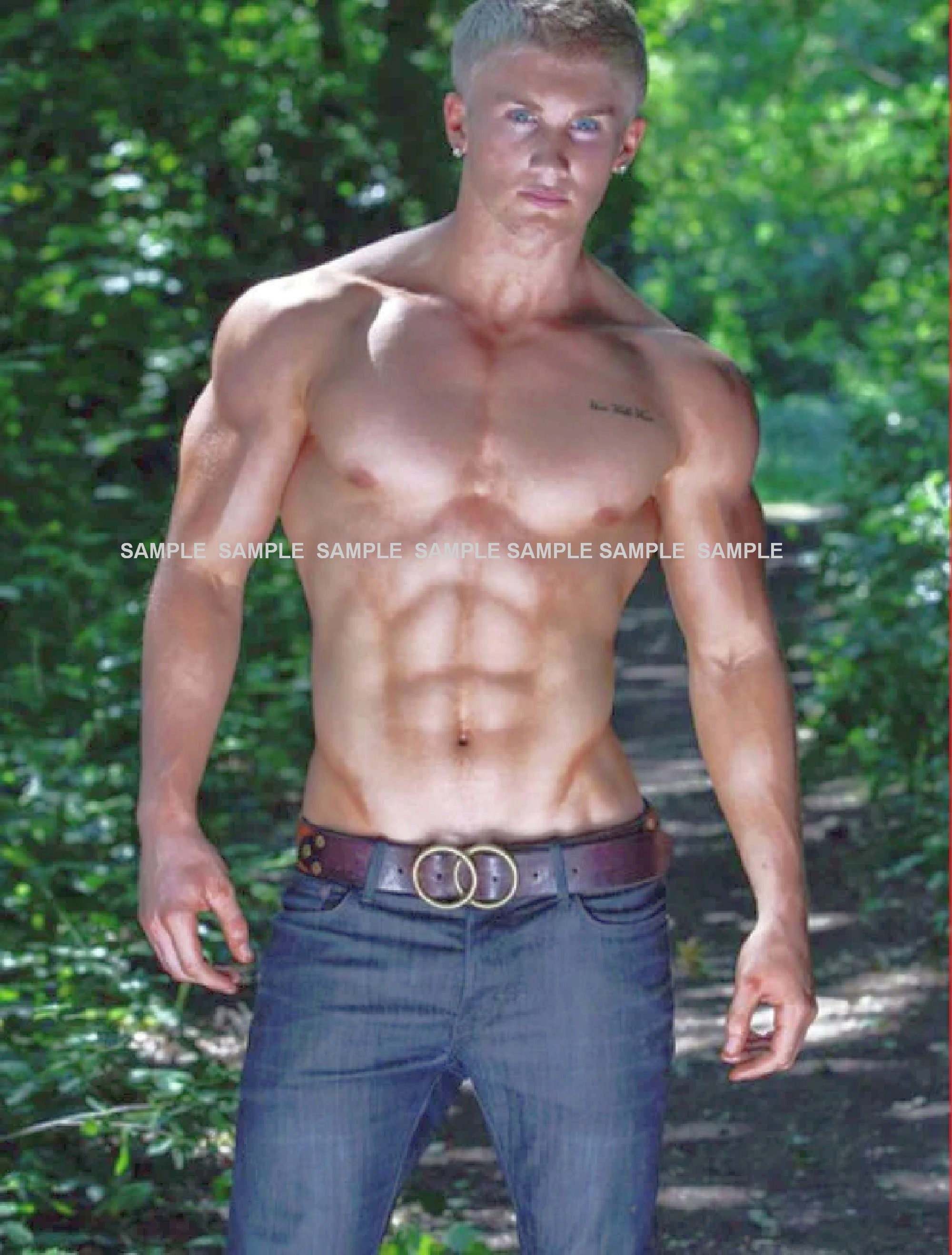 Matted SHIRTLESS Photograph 5X7 B191 Beautiful Shirtless Muscular Blonde Dude in Denim Jeans ...