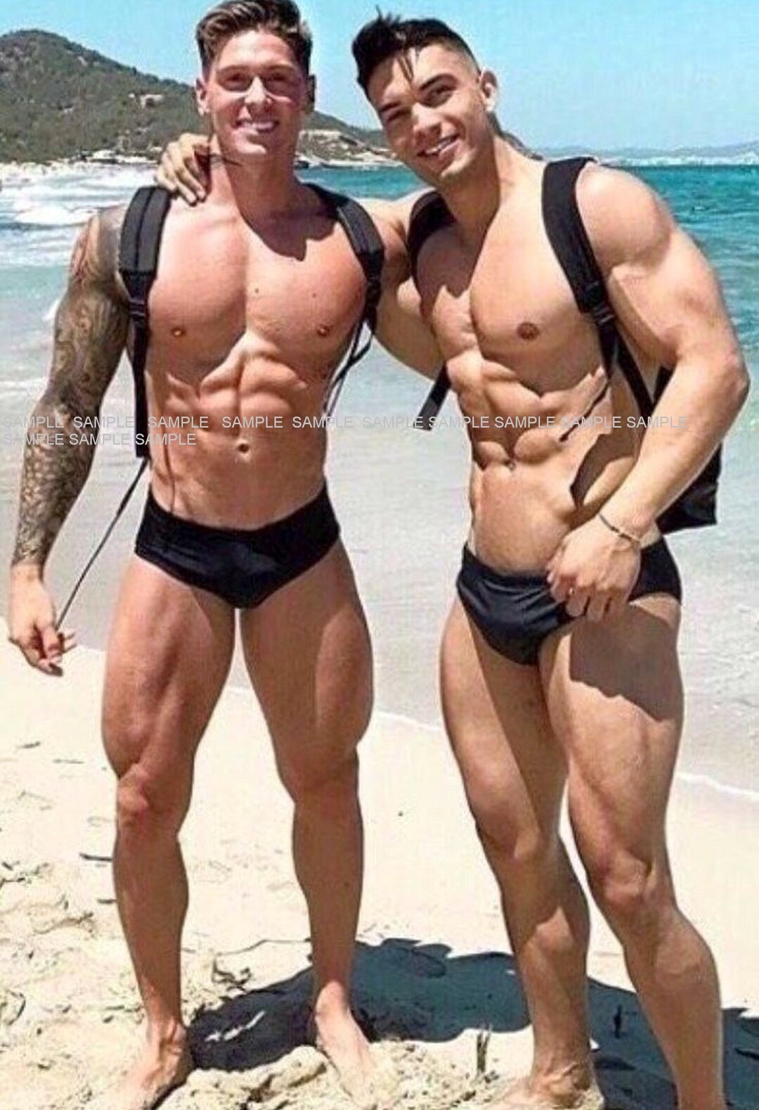 Matted SHIRTLESS Photograph 5X7 C367 Beautiful Muscular Male Couple in Speedos LGBTQ Gay ...