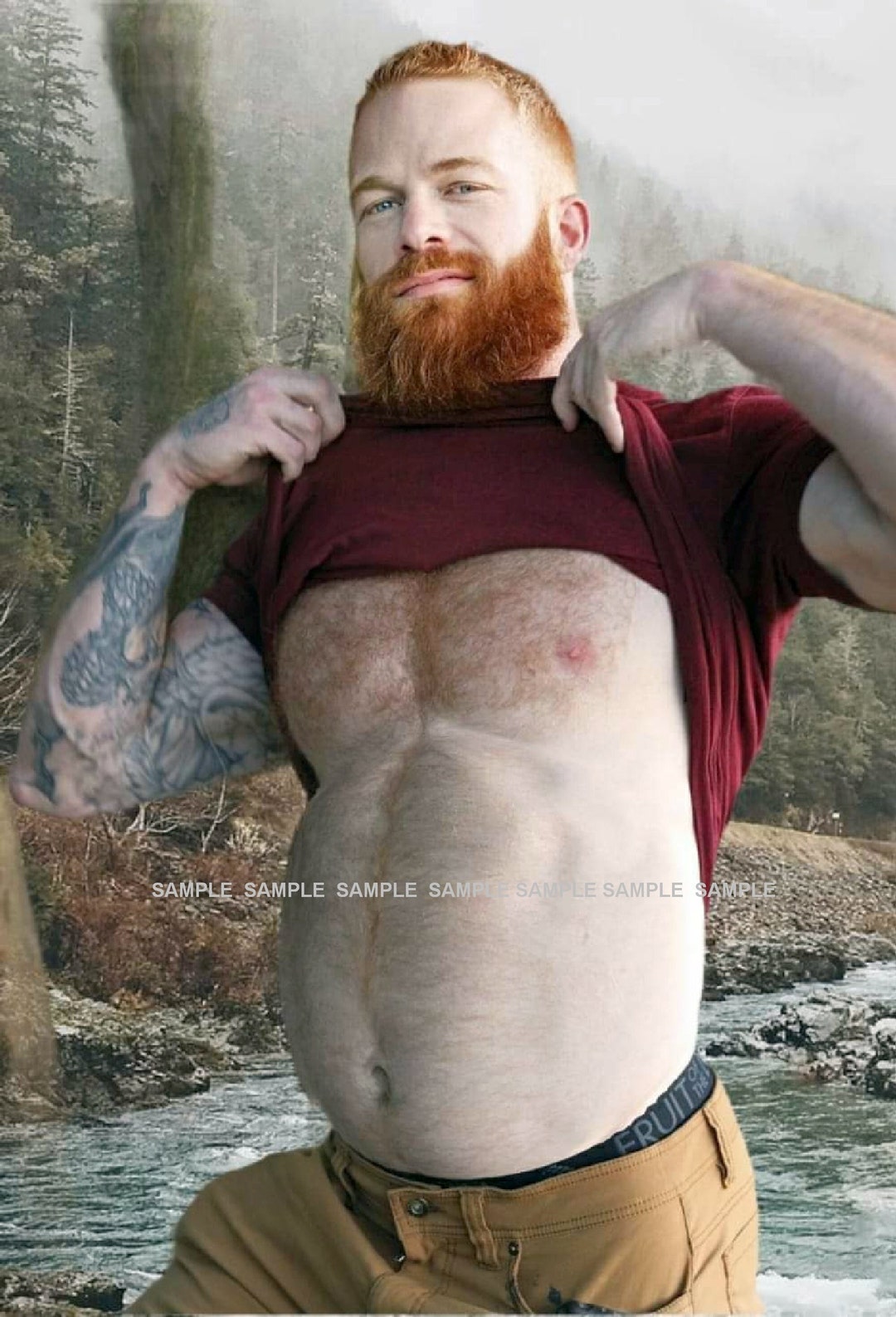 Matted GINGER Photograph 5x7 G257 Shirtless Handsome Hairy Bear Redhead Dude With Beard Gay Male ...