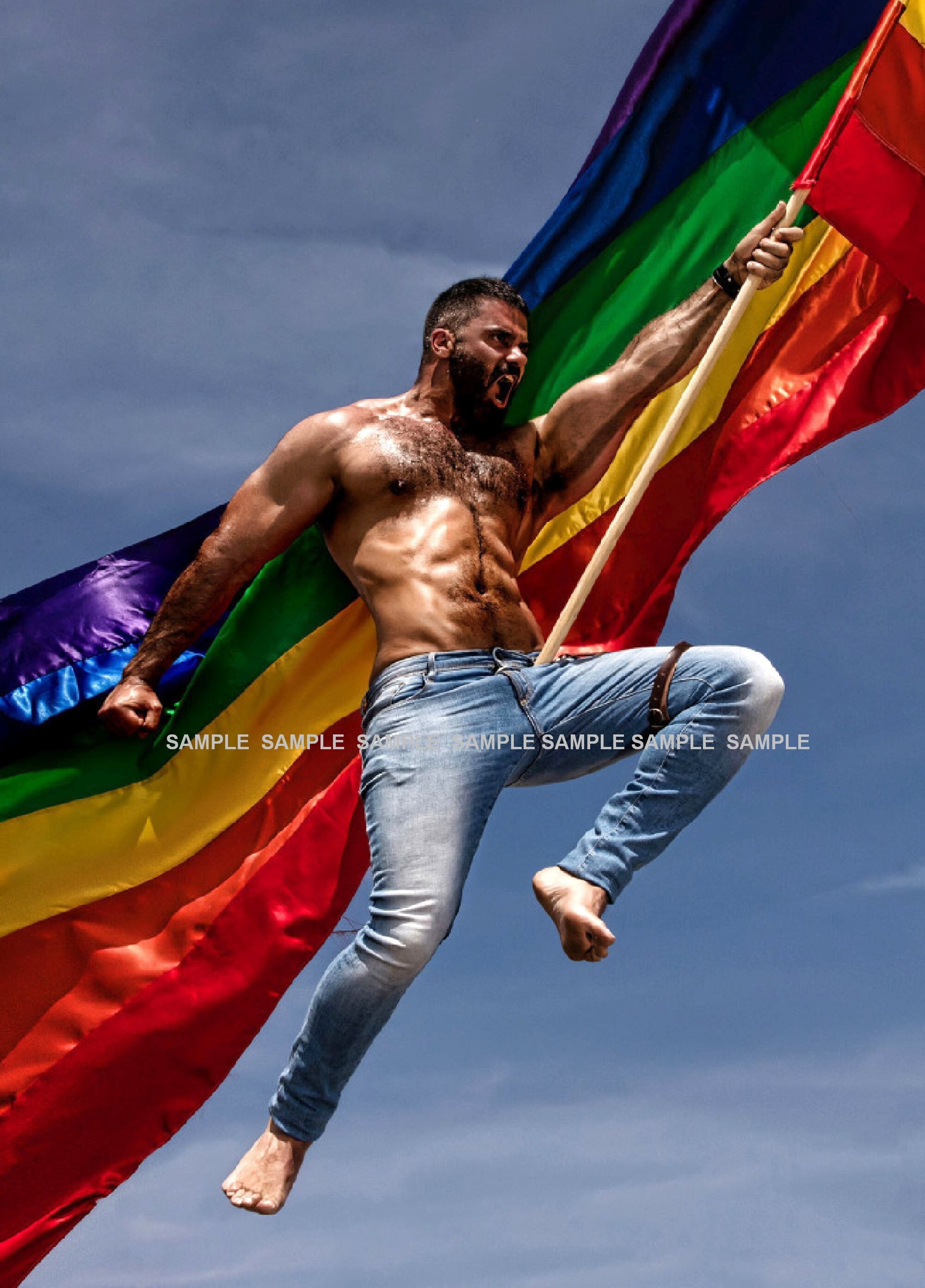 Matted SHIRTLESS Photograph 5X7 H149 Vintage Handsome Hairy Muscular Barefoot Stud Flying With ...