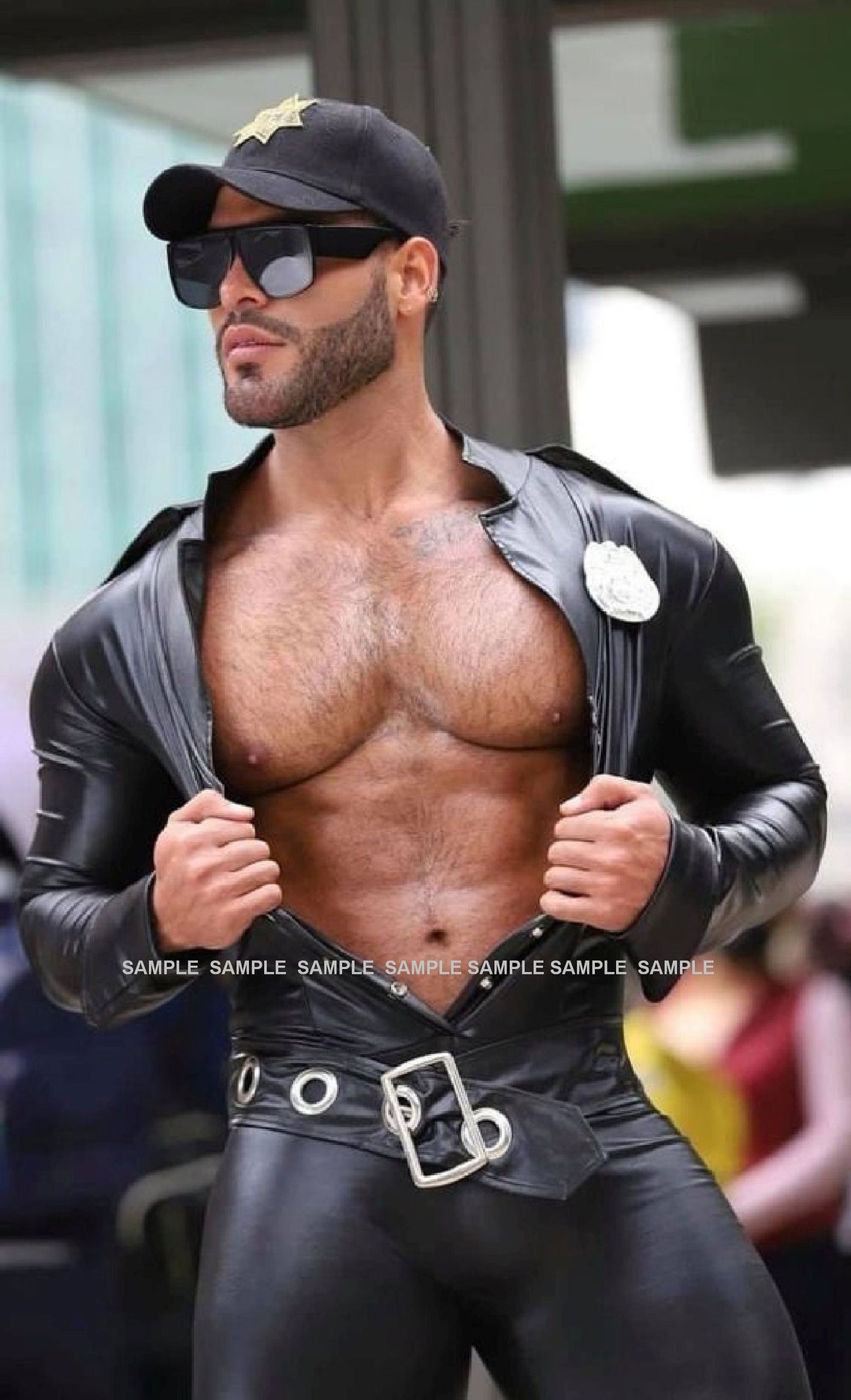 Matted Shirtless Pecs Photograph 5x7 Cop107 Hot Uniformed Leather Cop Policeman Fantasy Male Gay