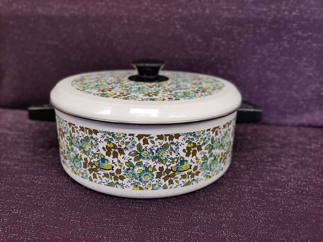 Vintage 1960 70s Mid Century Floral Enamel Cookware Dutch Oven Pot W ...
