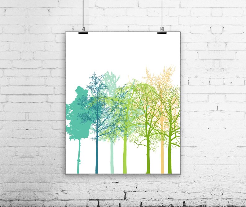 Trees Print Modern Forest Art Lime Green Blue Teal Mustard - Etsy