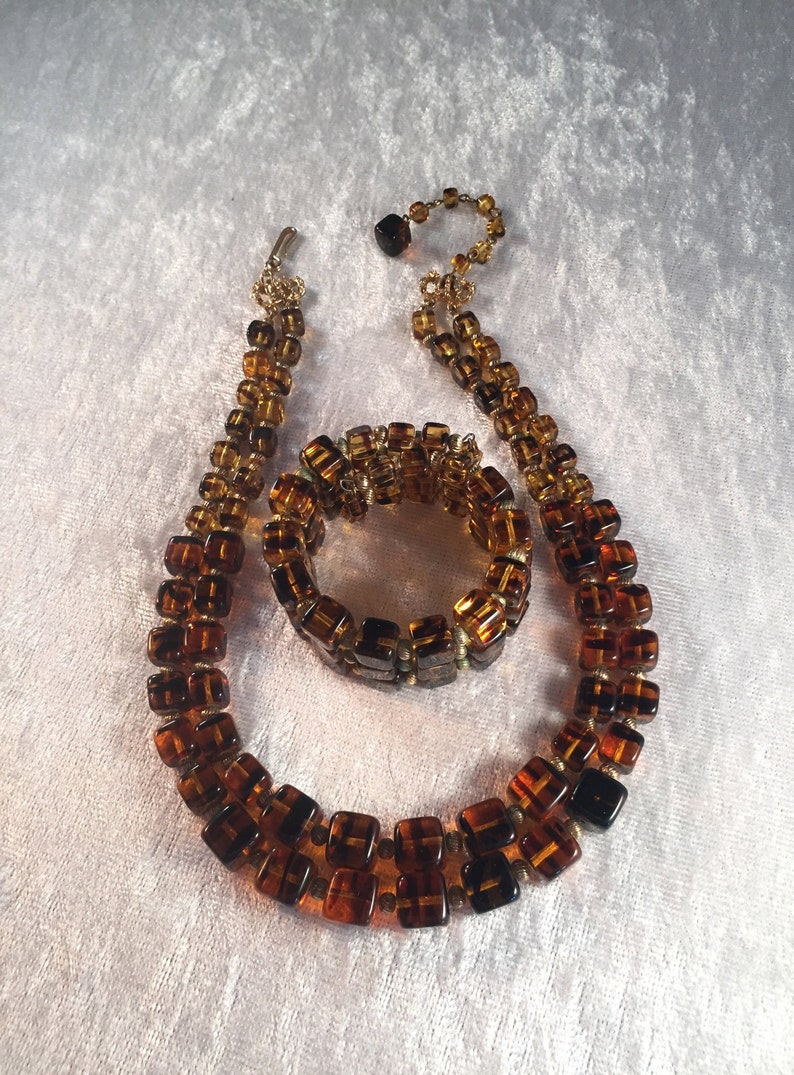 Hobé Demi Parure of Graduating Square Glass Amber Givre Beads | Etsy