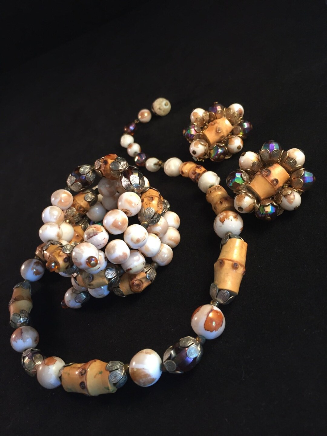 Hobé Parure of Cork / Bamboo, Aurora Borealis Crystal and Gold / White ...