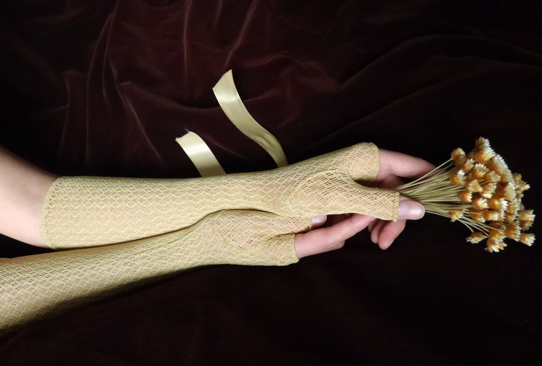 Antique Edwardian Fingerless Lace Mittens. Golden Lace Gloves, 1900 ...