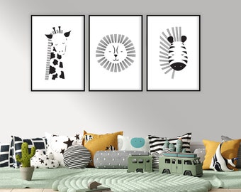 Safari Nursery Decor Watercolor Animal Prints Black and - Etsy