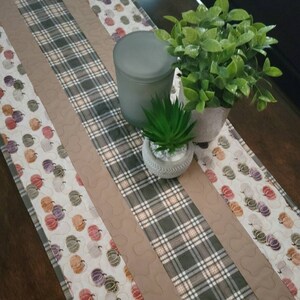 Quilted Fall Pumpkin and Plaid Table Runner Quilted Gray Thanksgiving ...