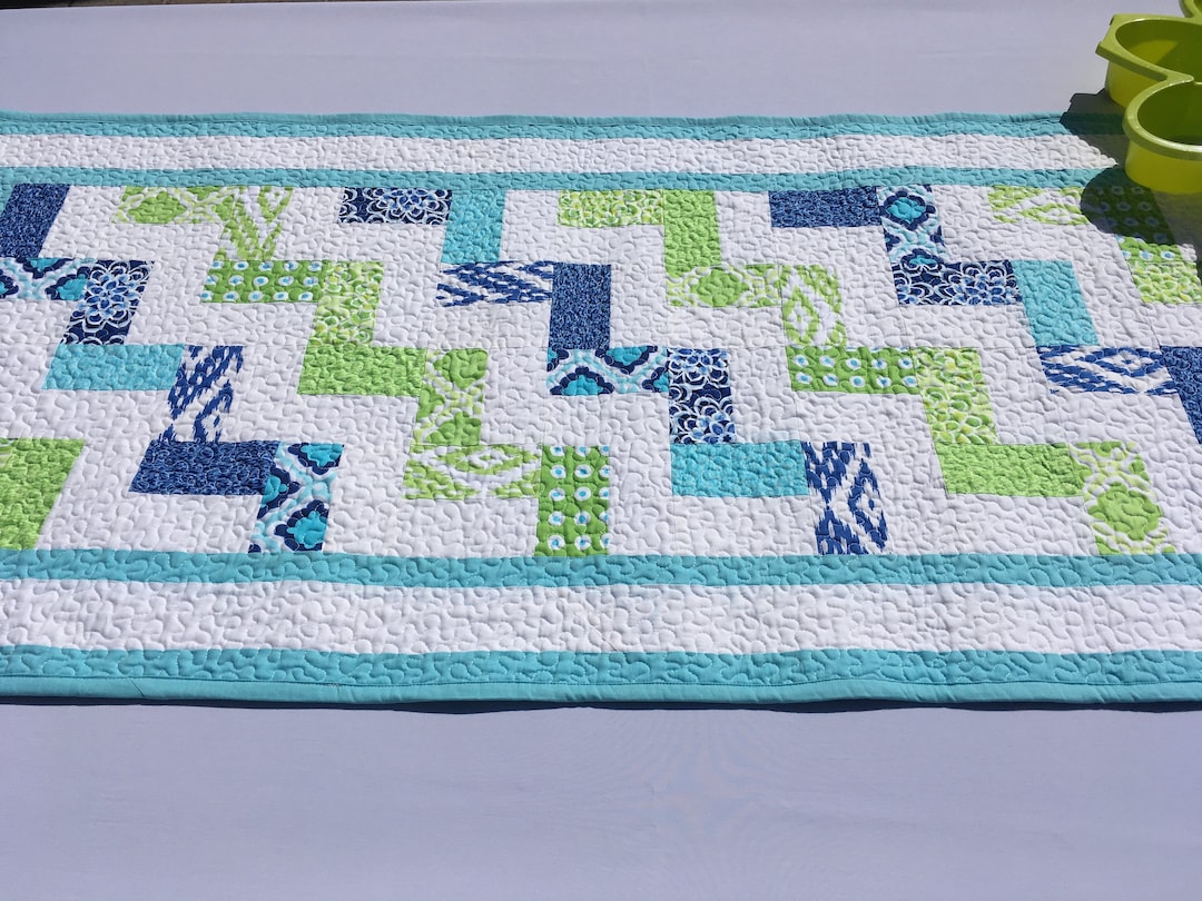 Quilted Table Runner in Blue, Green, and White | Extra Large Table ...