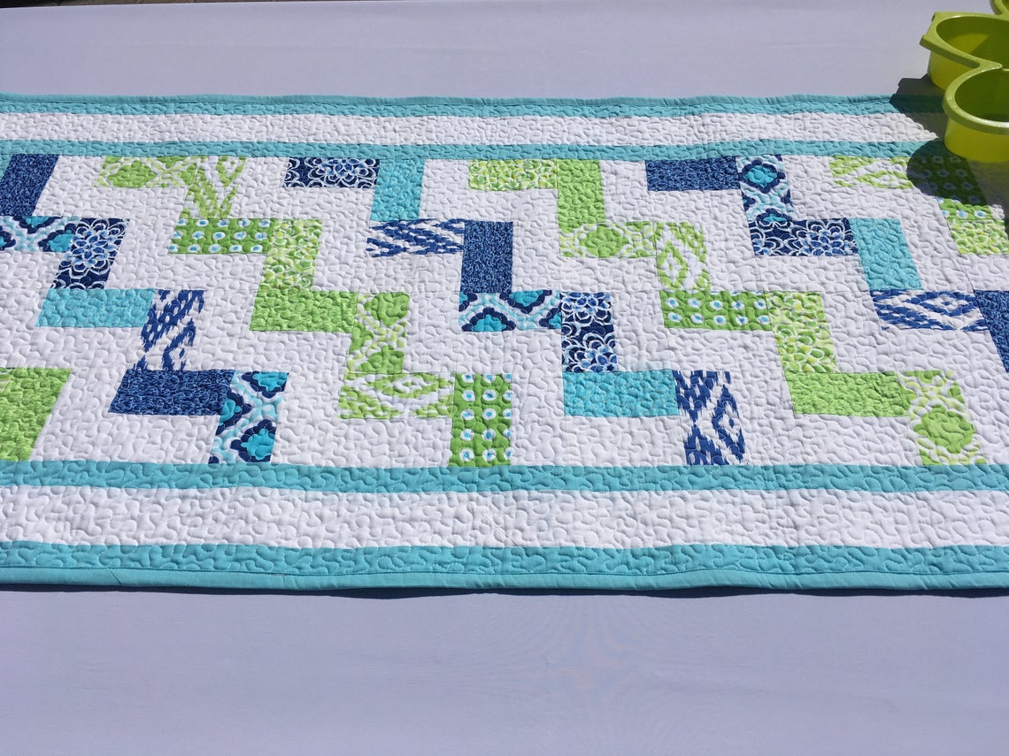 Quilted Table Runner in Blue Green and White Extra Large | Etsy