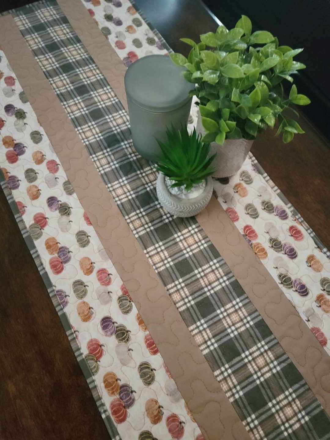 Quilted Fall Pumpkin and Plaid Table Runner Quilted Gray Thanksgiving ...